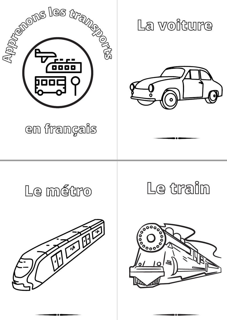 Printable Coloring Book: Learn Modes of Transport in French 16 Pgs ...