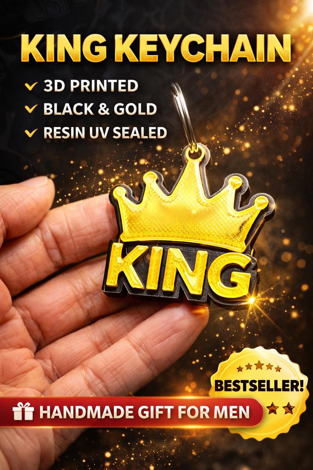 KING Keyring 3D Printed Black Gold Crown Keychain Resin UV Sealed Gift ...