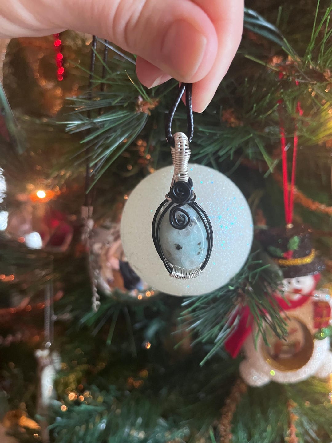 Ocean Granite Pendant Wrapped in Black Wire - Etsy