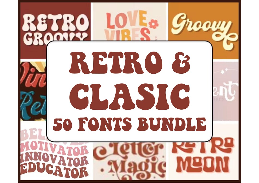 50 RETRO FONT BUNDLE, Fuente Groovy, Paquete de fuentes, Fuente retro ...