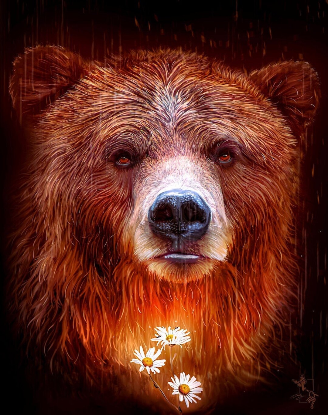 Painting of Bear With Flowers Bear Art Print Hand Made Digital Oil Bear ...