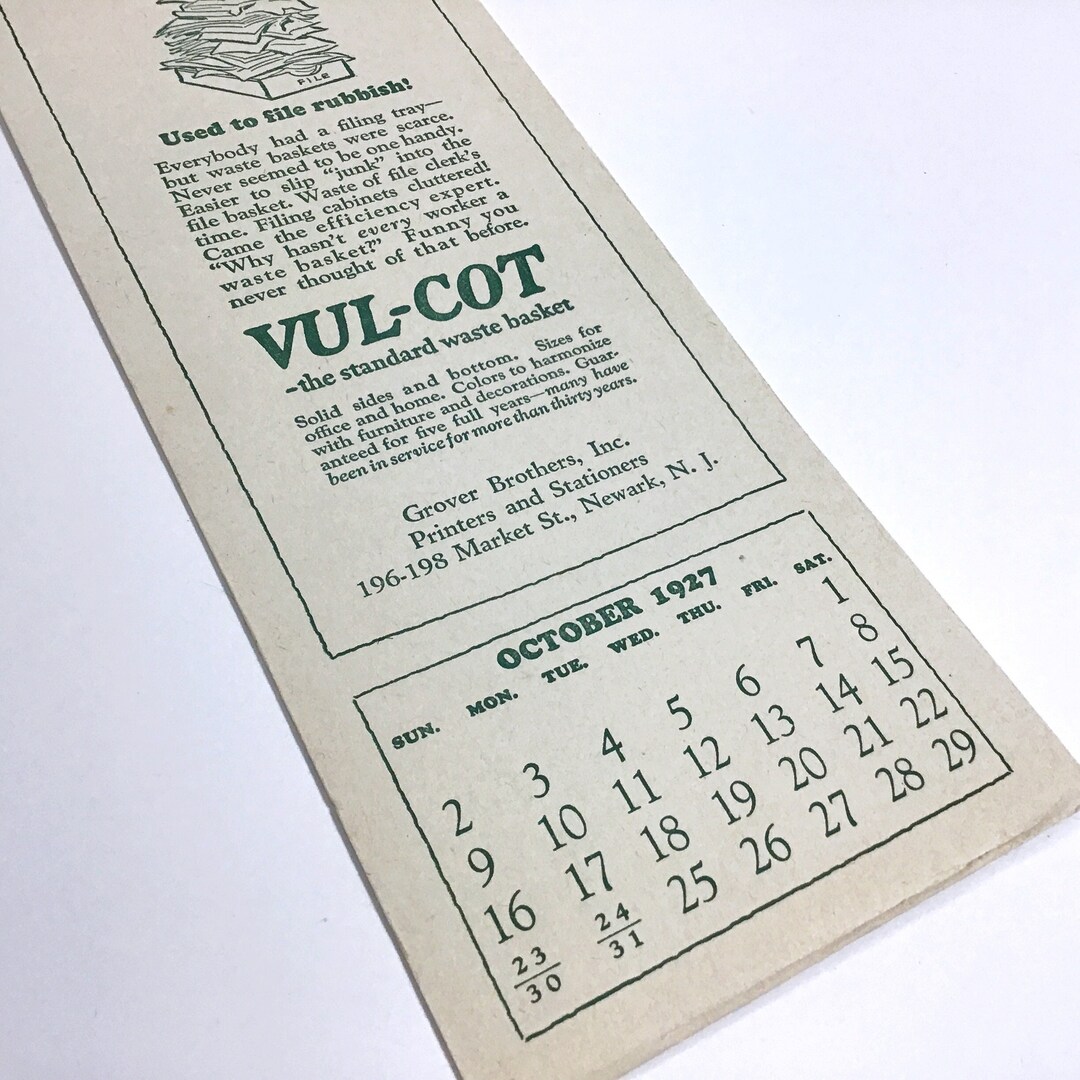 Vintage 1927 Vul-cot Waste Paper Basket Advertising Card & Calendar ...