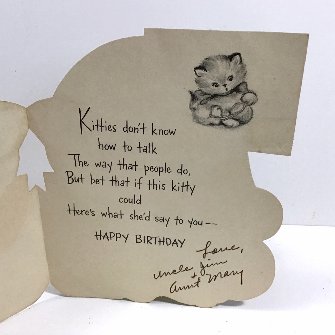 Vintage Hallmark Happy Birthday Card Big Blue Eyed Silver Gray Kitten W ...