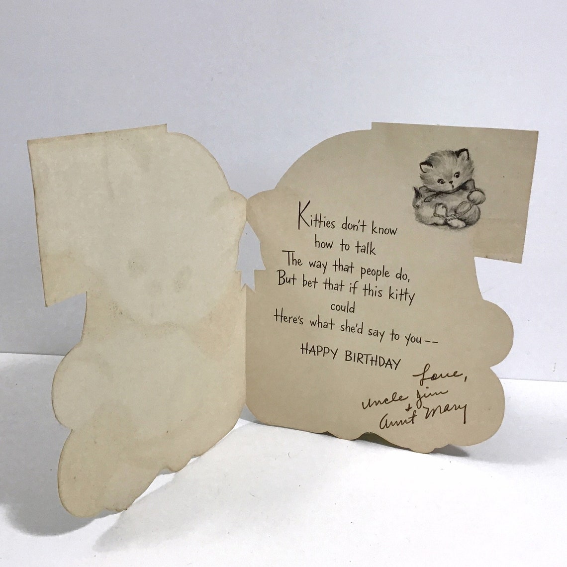 Vintage Hallmark Happy Birthday Card Big Blue Eyed Silver Gray Kitten W ...
