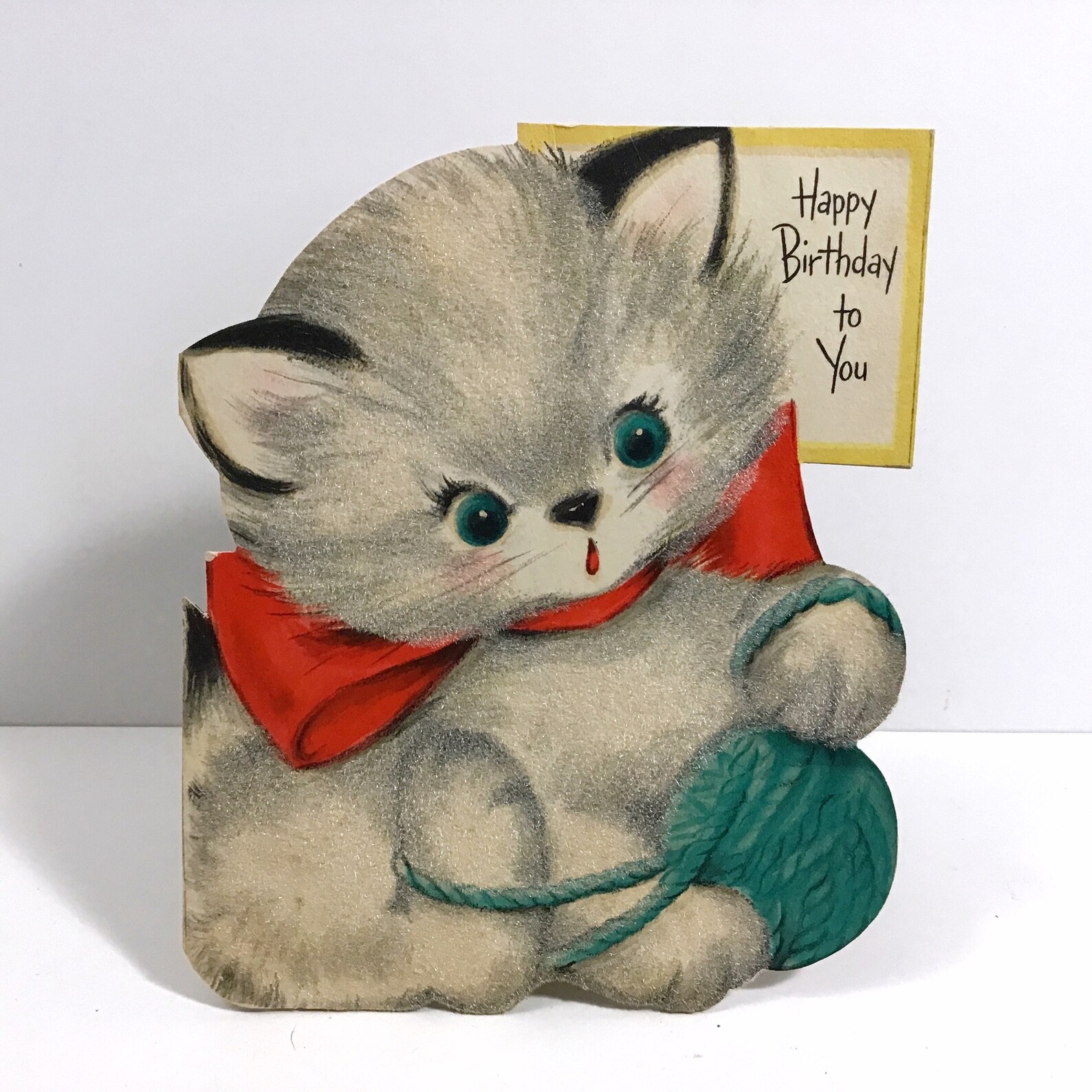 Vintage Hallmark Happy Birthday Card Big Blue Eyed Silver Gray Kitten W ...