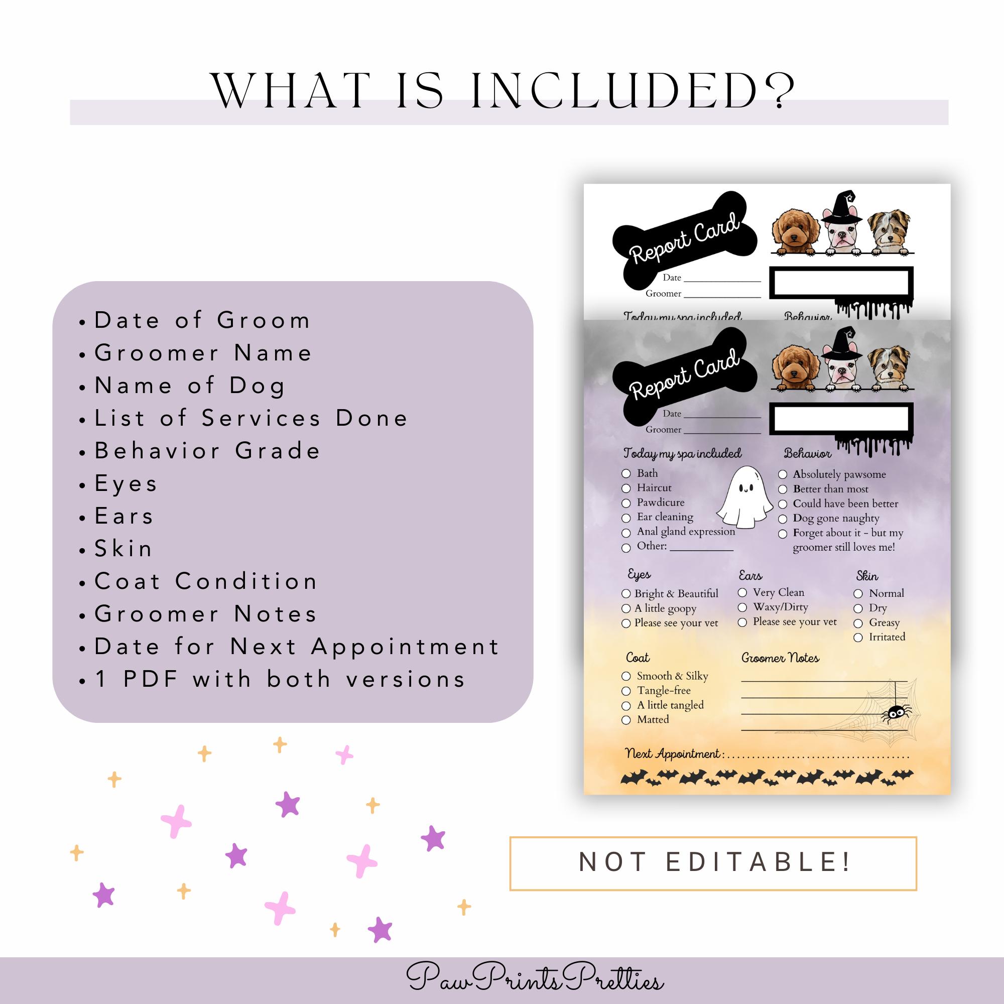 Dog Grooming Report Card Printable Halloween - Digital & Instant ...