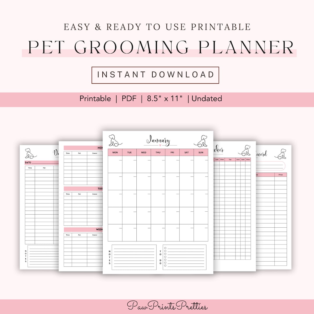 Pet Grooming Planner - Undated Monthly, Weekly & Daily Planner - Dog ...