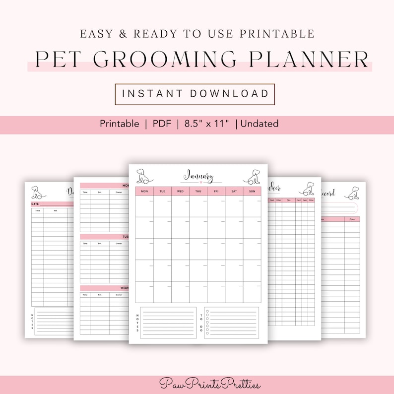 Pet Grooming Planner - Undated Monthly, Weekly & Daily Planner - Dog ...