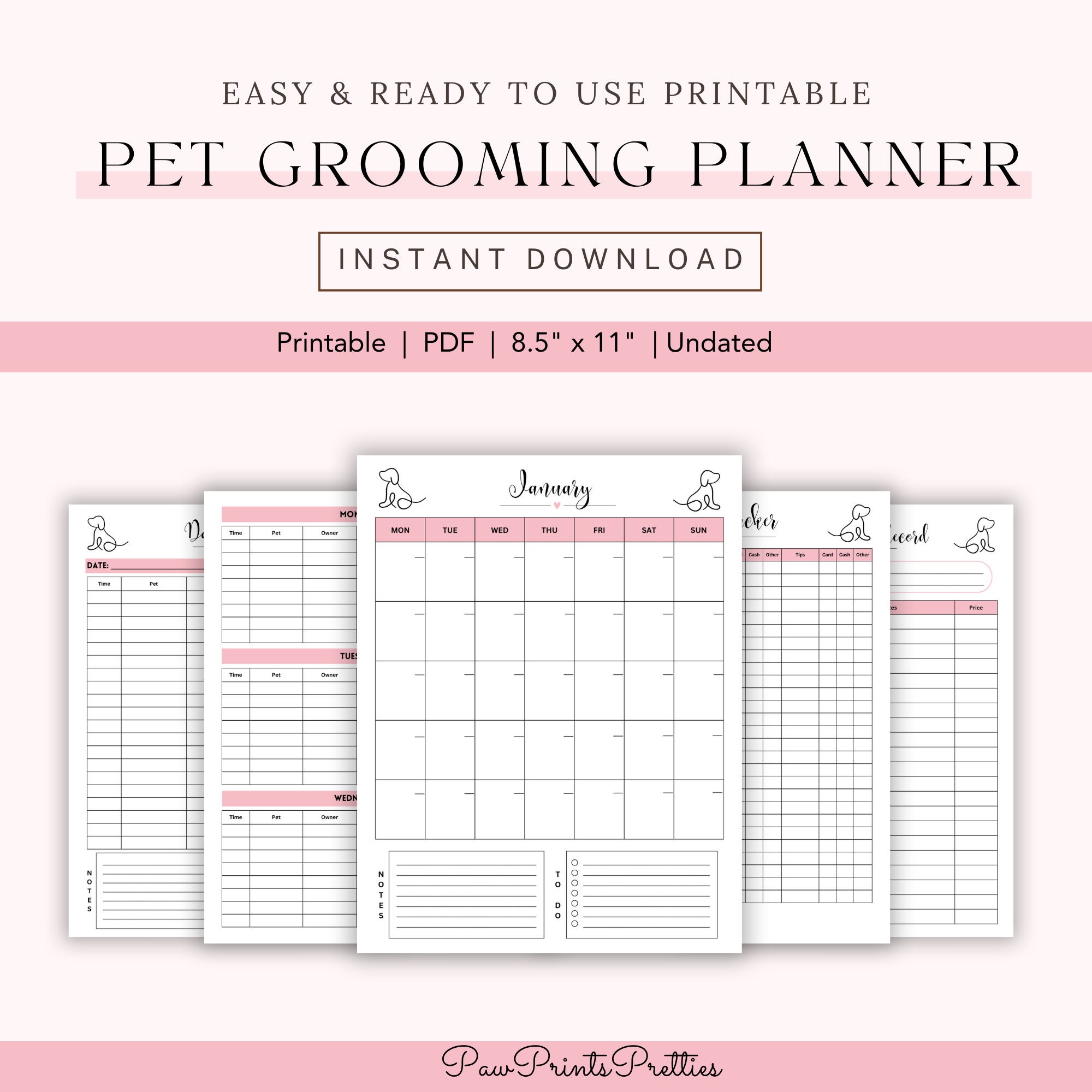 Pet Grooming Planner - Undated Monthly, Weekly & Daily Planner - Dog ...