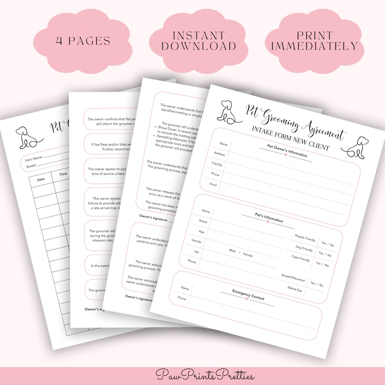 Pet Grooming Agreement Printable - Professional Dog Grooming Contract ...