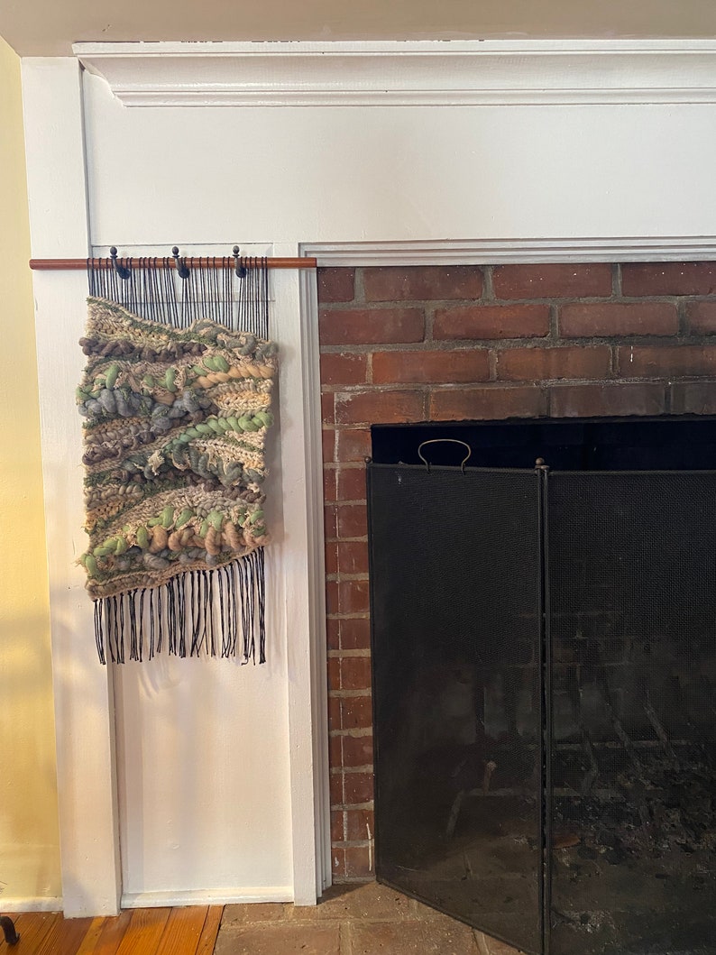 Lime Green Neutral Brown Knotted Wall Sculpture Narrow Tapestry Weaving ...