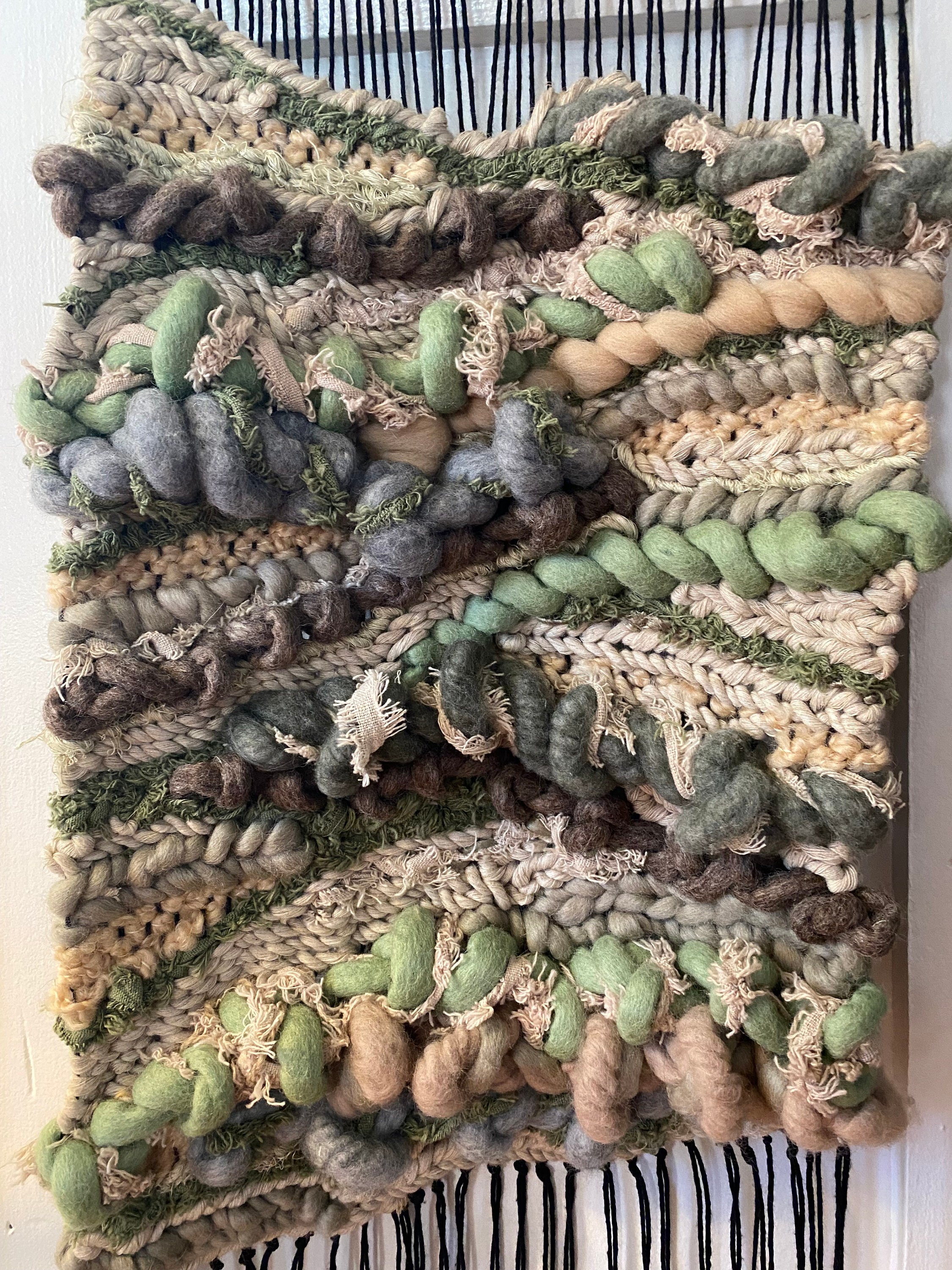 Lime Green Neutral Brown Knotted Wall Sculpture Narrow Tapestry Weaving ...