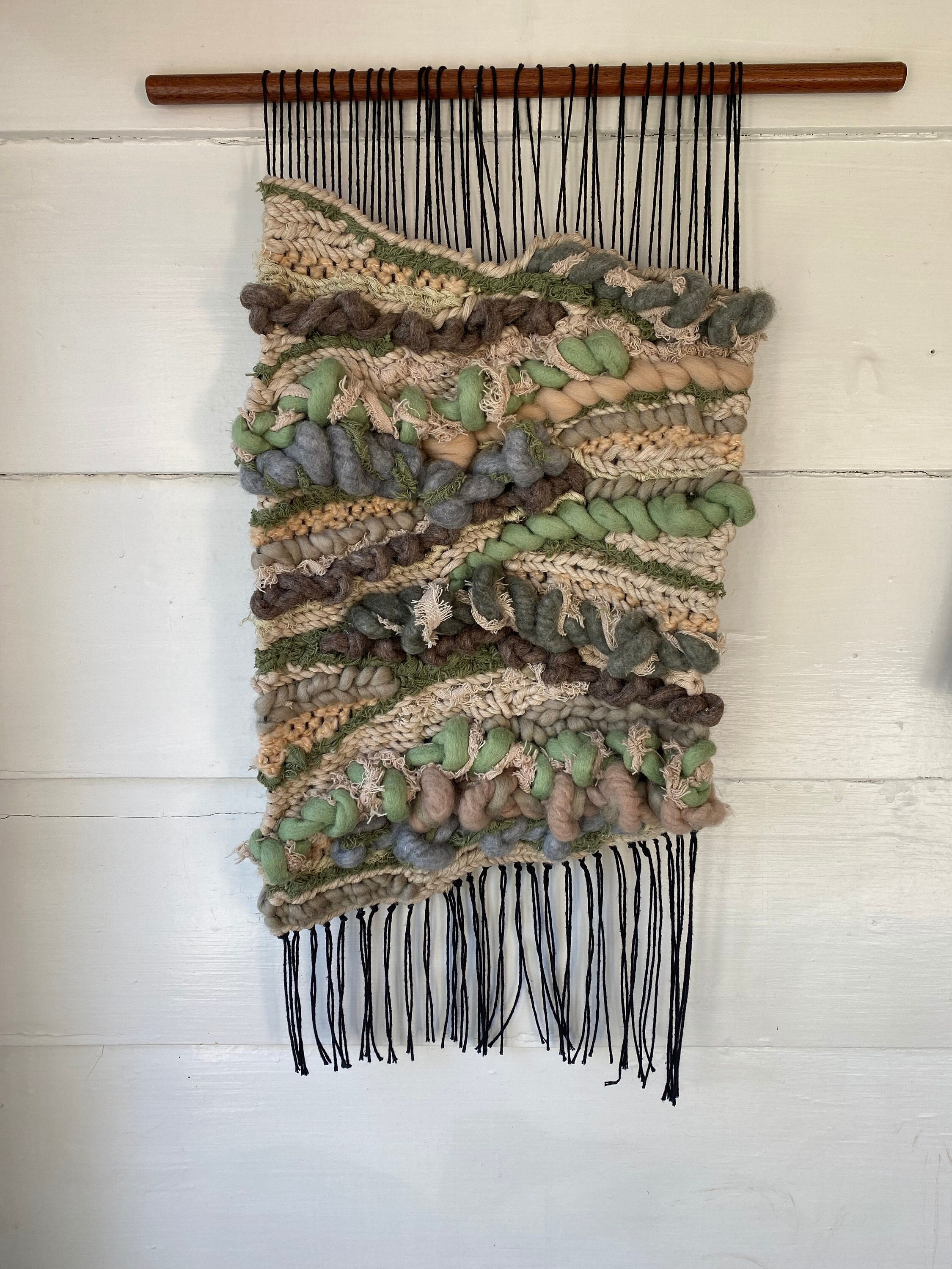 Lime Green Neutral Brown Knotted Wall Sculpture Narrow Tapestry Weaving ...