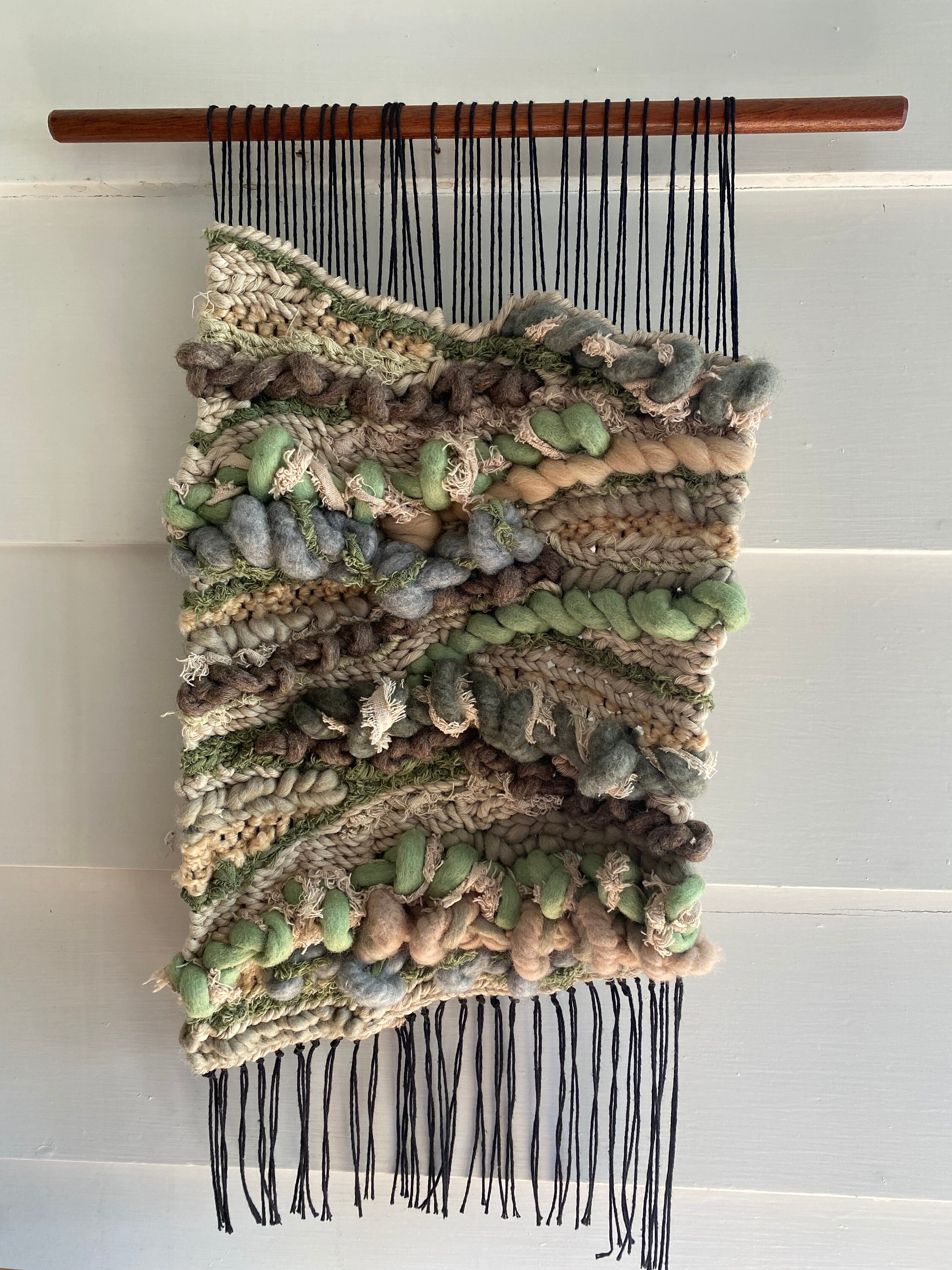 Lime Green Neutral Brown Knotted Wall Sculpture Narrow Tapestry Weaving ...