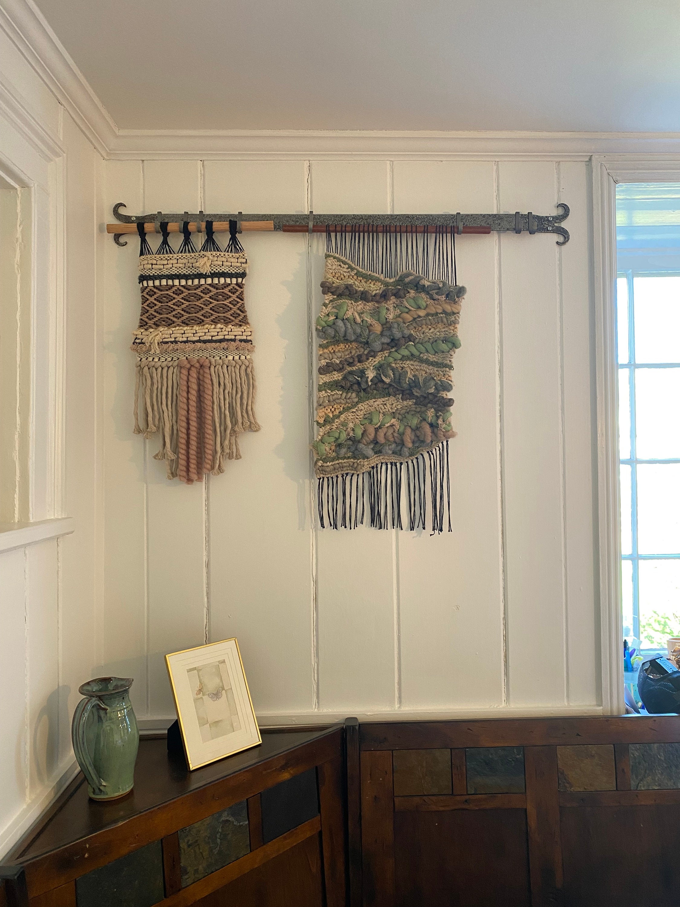 Lime Green Neutral Brown Knotted Wall Sculpture Narrow Tapestry Weaving ...