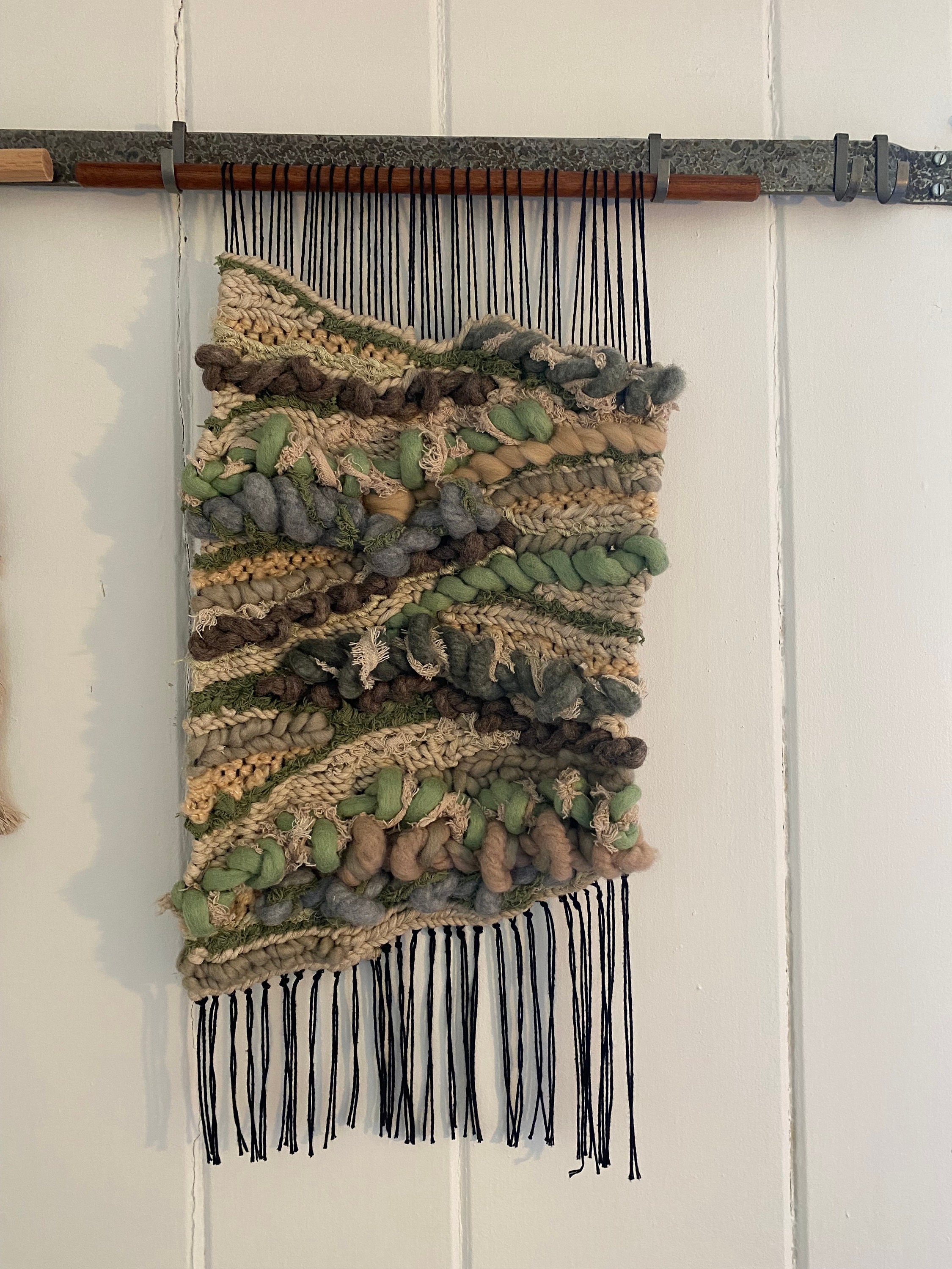 Lime Green Neutral Brown Knotted Wall Sculpture Narrow Tapestry Weaving ...