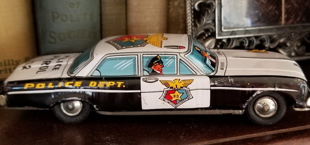 Rare 1950's Tin Toy Litho Car, Vintage Police Car Toy, Made in Japan ...