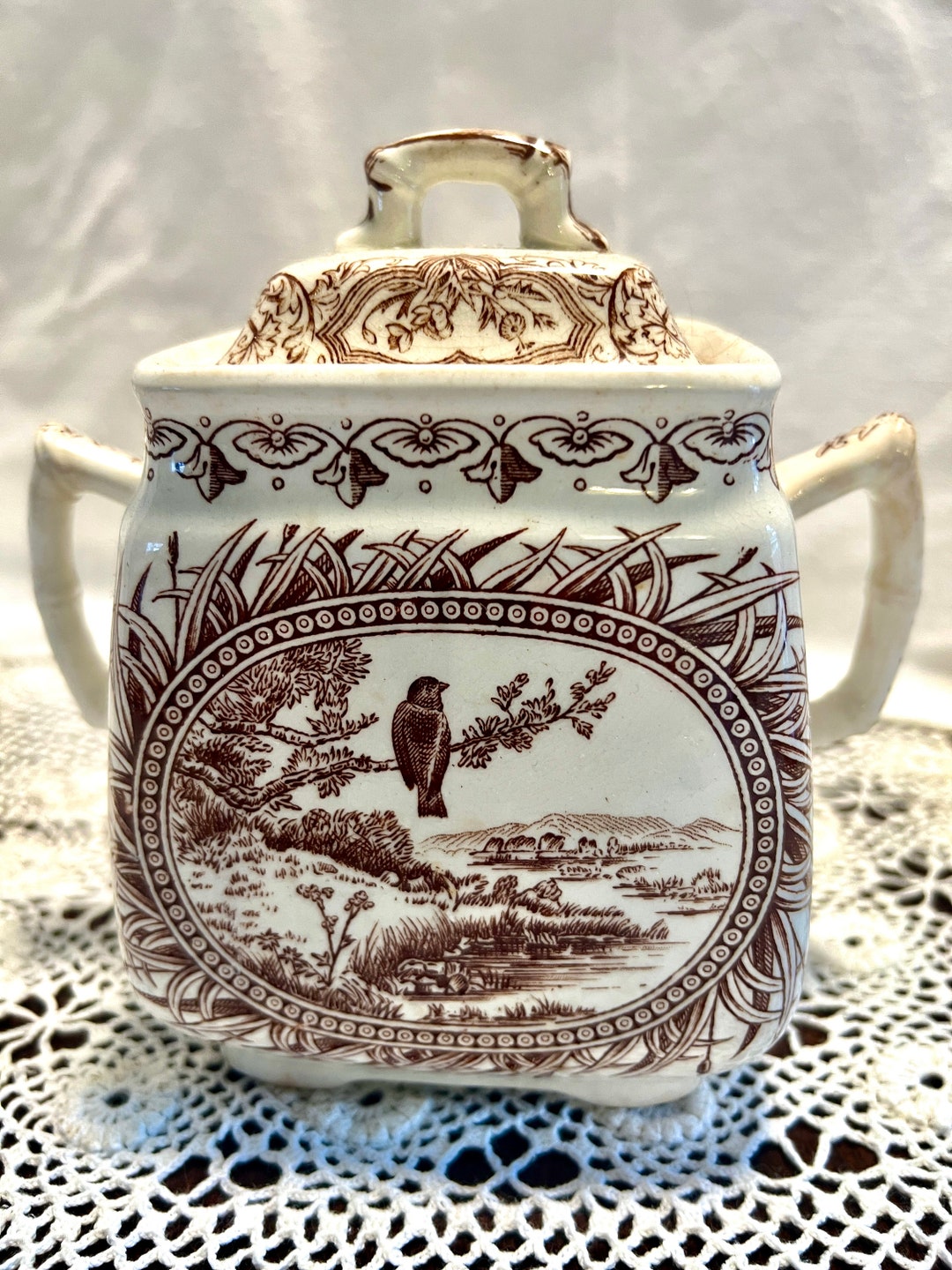 1880's Antique Brown Transferware Ironstone Biscuit Jar Sugar Bowl Tea ...