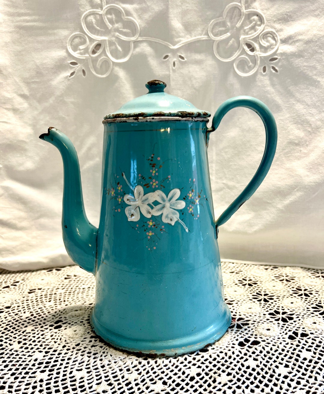 1920's Antique French Enamelware Hand Painted Coffee Pot Teapot Pitcher ...