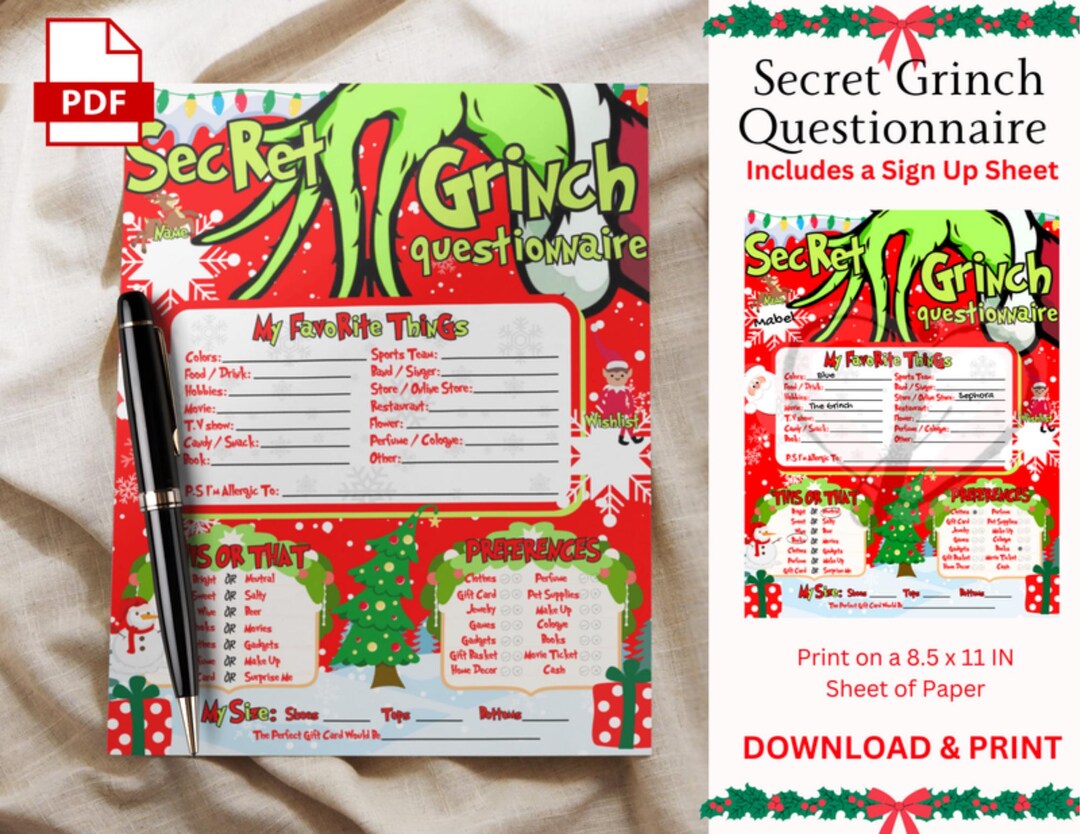 Secret Grinch Questionnaire Secret Santa Questionnaire Gift Exchange ...