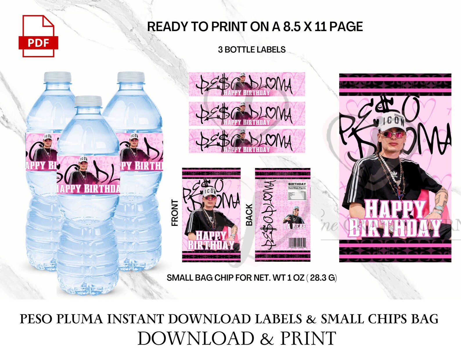 Pink Peso Pluma Bottle Labels and Small Chip Bag Peso Pluma - Etsy