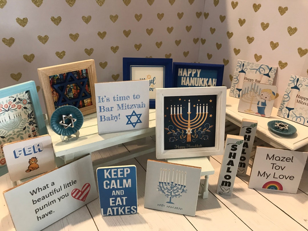 Miniature Hanukkah Wood Signs, Judaic and Yiddish Dollhouse Framed Art ...