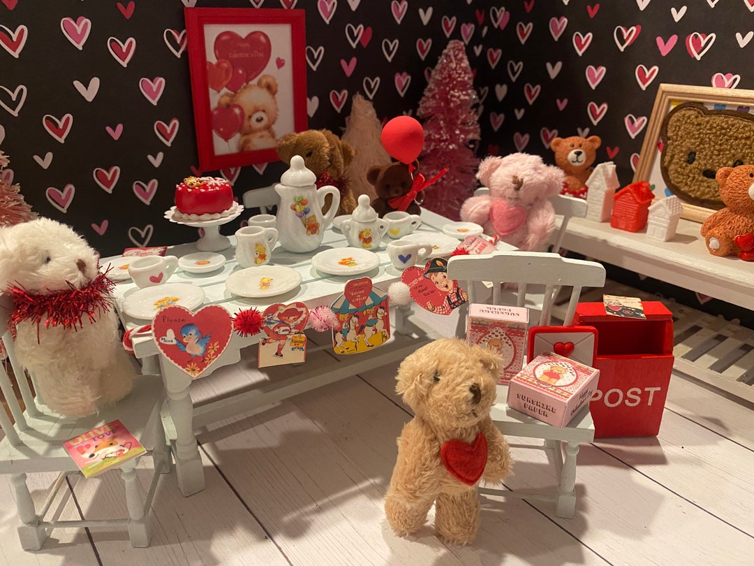 Miniature Valentine Teddy Bear Tea Party, 1:12, Jointed Teddy Bears ...