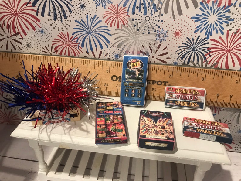 Miniature Fireworks Boxes and 4th of July Pennant, Dollhouse Diorama ...