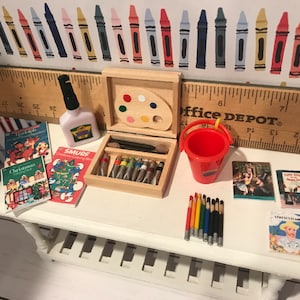 Miniature Art Supplies, Dollhouse Crayons, Markers, Art Box, Art Table ...