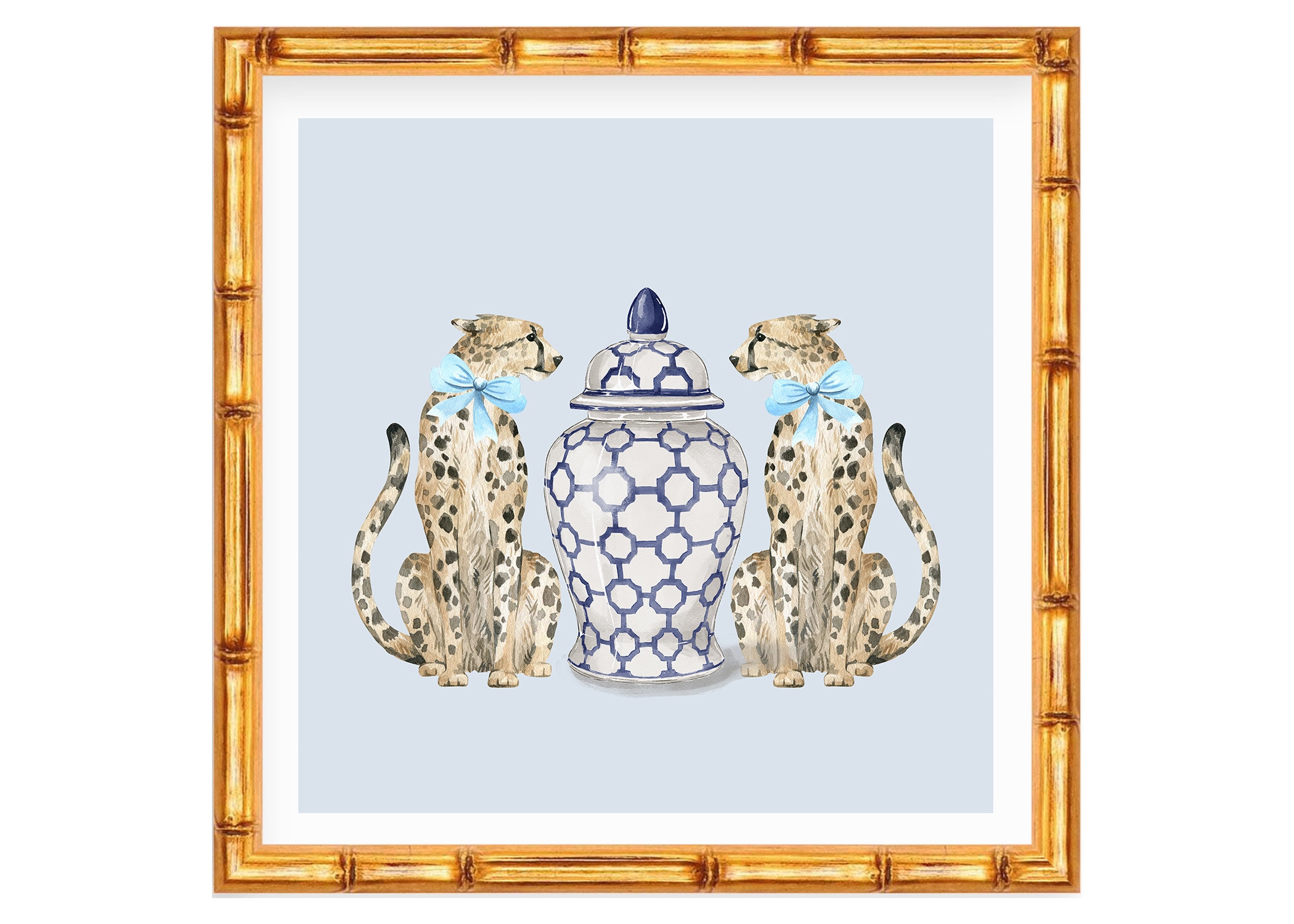 Art Print Chinoiserie Cheetah With Ginger Jar and Blue Bow - Etsy
