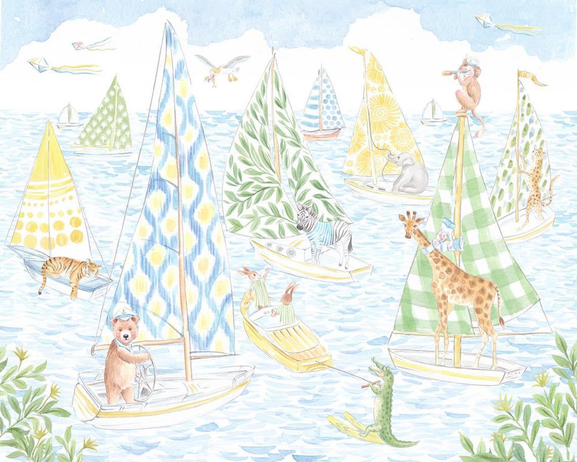 Whimsical Animals Sailing Art Print – Coastal Nursery Decor - Etsy
