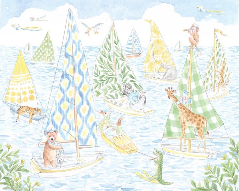 Whimsical Animals Sailing Art Print – Coastal Nursery Decor - Etsy