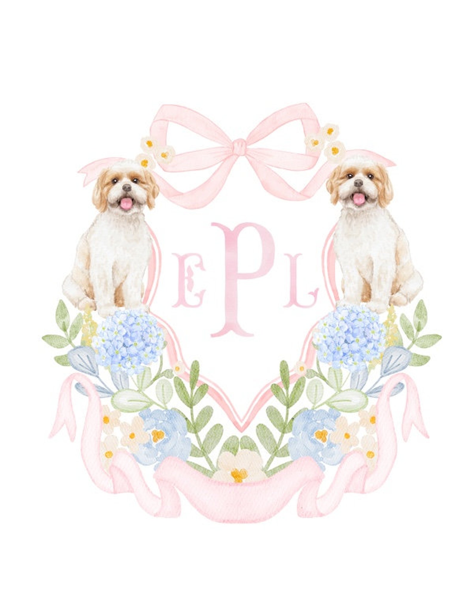 Baby Floral Puppy Custom Crest Art Print // Monogram // Initials // Bow ...