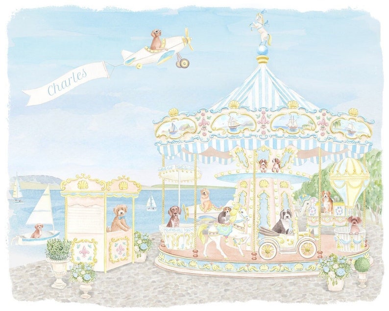 Nursery Art Print Parisian Carousel With Preppy Dogs// Grand Millennial ...