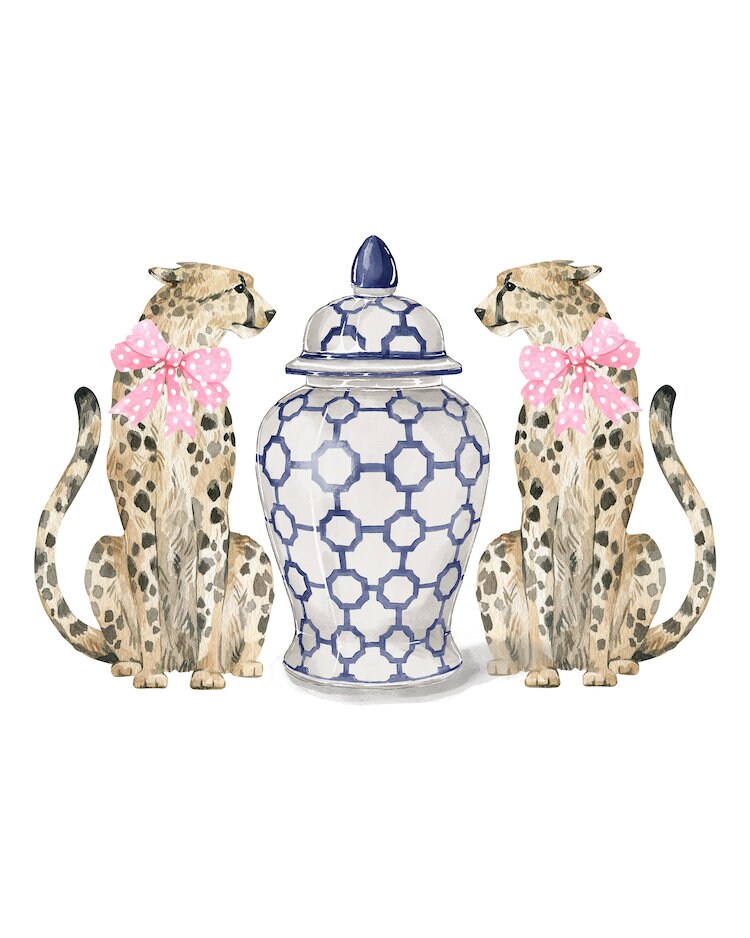 Art Print Chinoiserie Cheetah With Ginger Jar and Blue Bow - Etsy