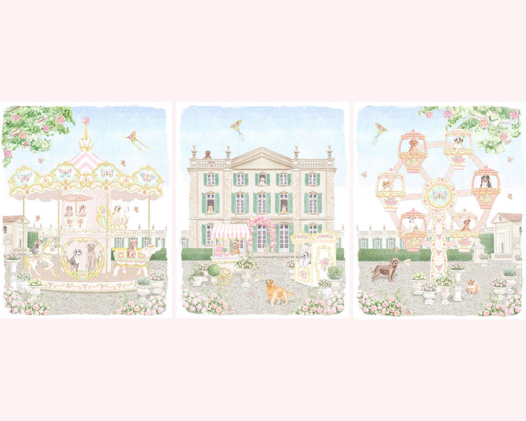 Three Art Prints Nursery Parisian Carousel With Preppy Dogs // Ferris ...