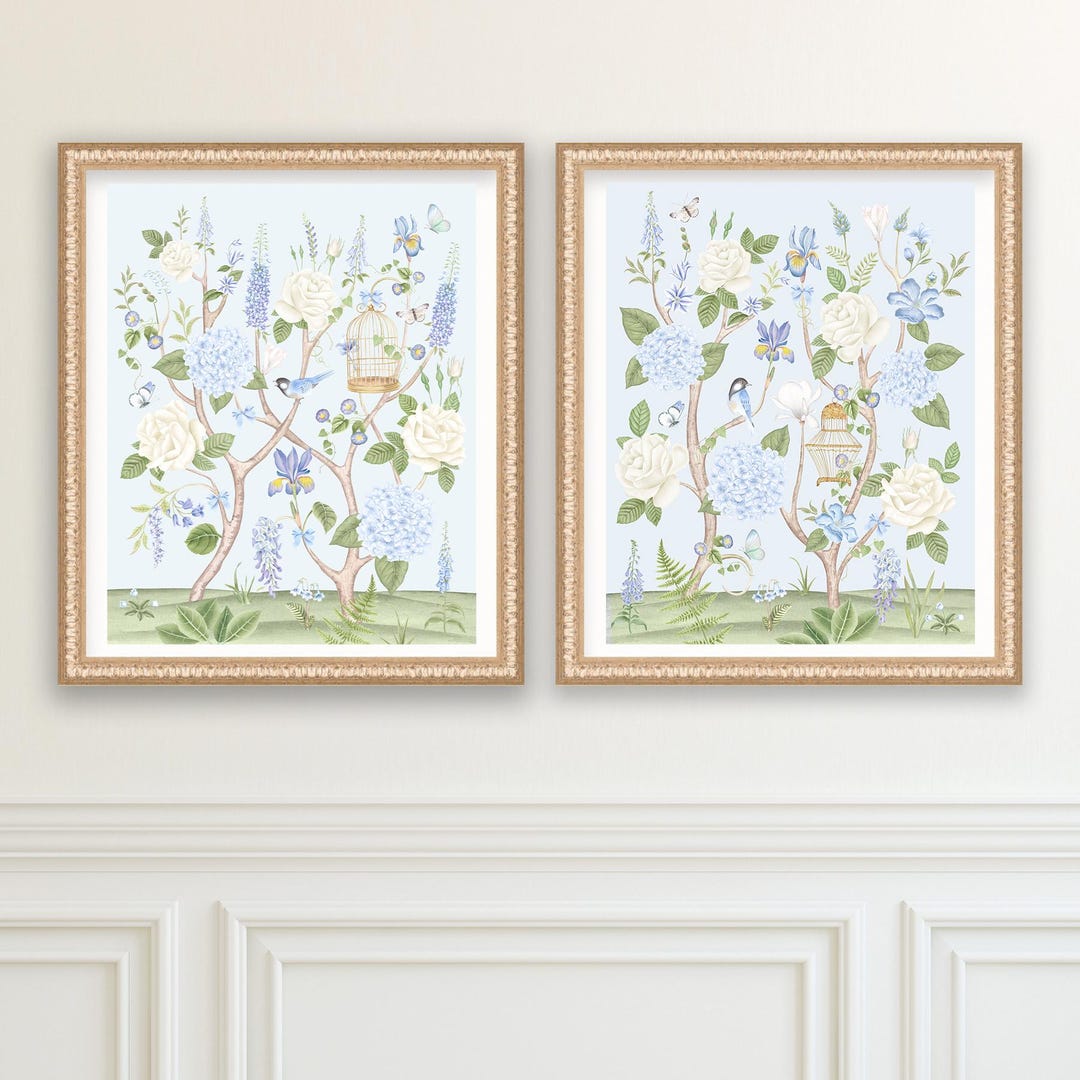 Set of Two Art Prints Chinoiserie Flowers With Birds // Nursery Decor ...