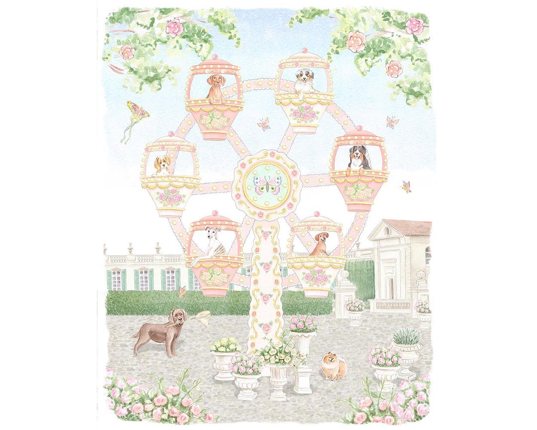 Nursery Art Print Parisian Ferris Wheel With Preppy Dogs // Grand ...