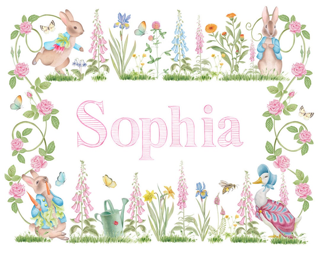 Baby Rabbit Custom Name Sign Art Print // Monogram // Initials // Bow ...