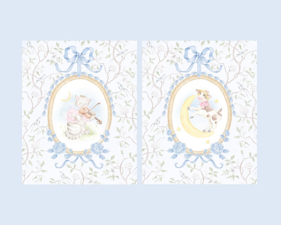 Set of 3 Watercolor Nursery Rhyme Art Prints // Hey Diddle Diddle ...