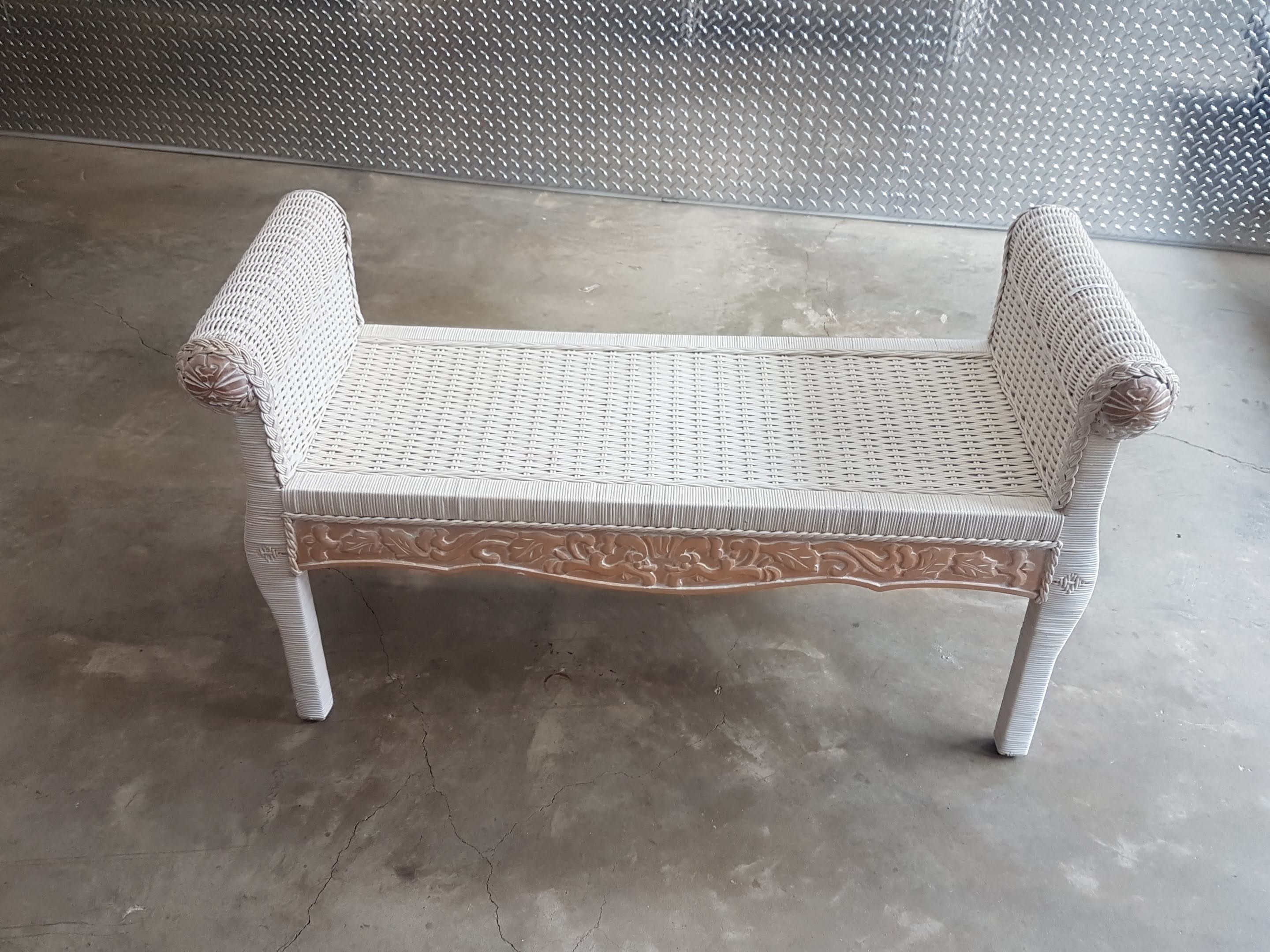 Late 20th Century Vintage White Wash Wicker and Carved Wood Bench - Etsy
