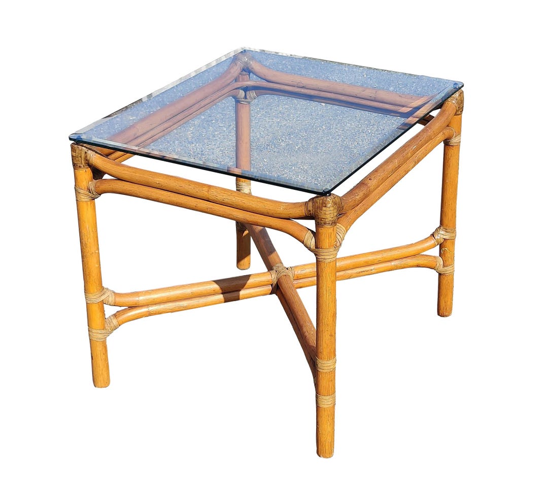 Vintage Bamboo Side Table With Glass Top - Etsy
