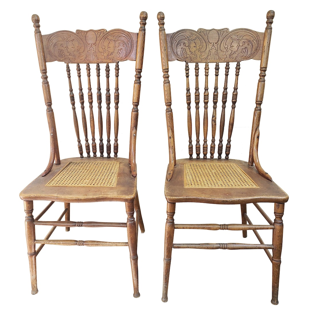 Vintage Oak Pressback Chairs With Cane Seats a Pair Etsy
