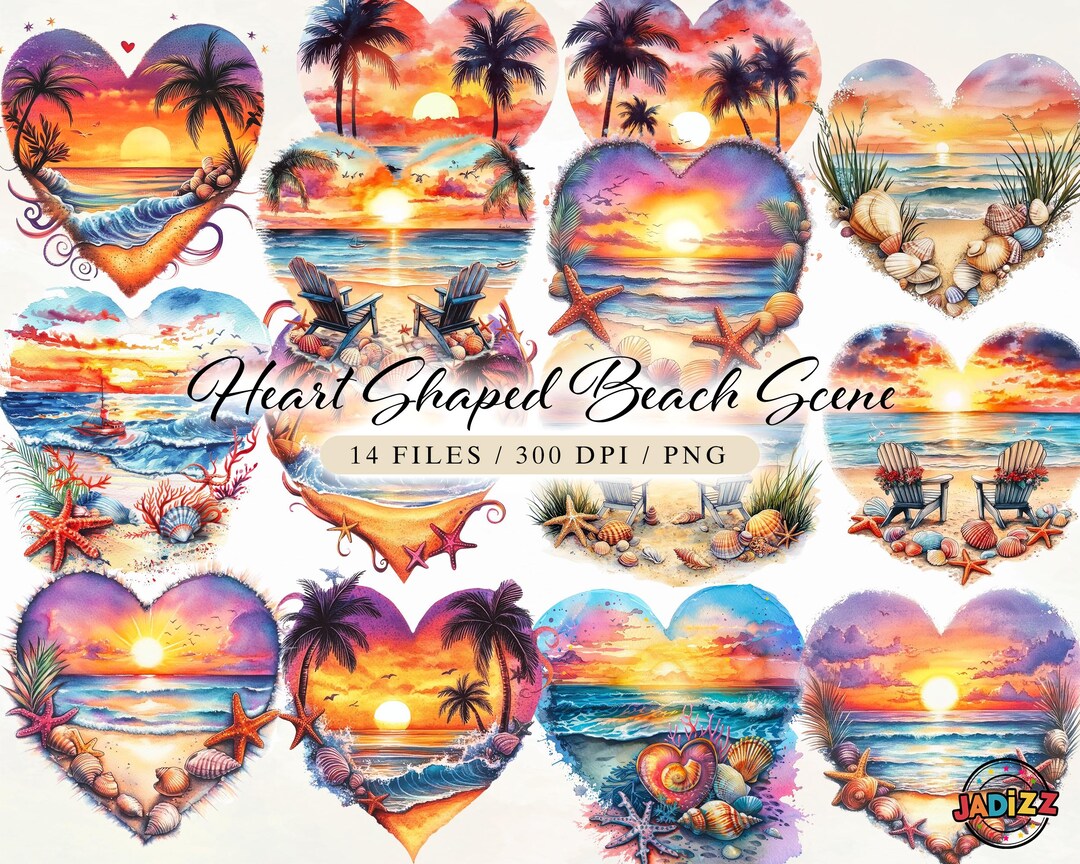 Heart-shaped Beach Scene, Tropical Sunset Clipart, Beach Heart Png ...