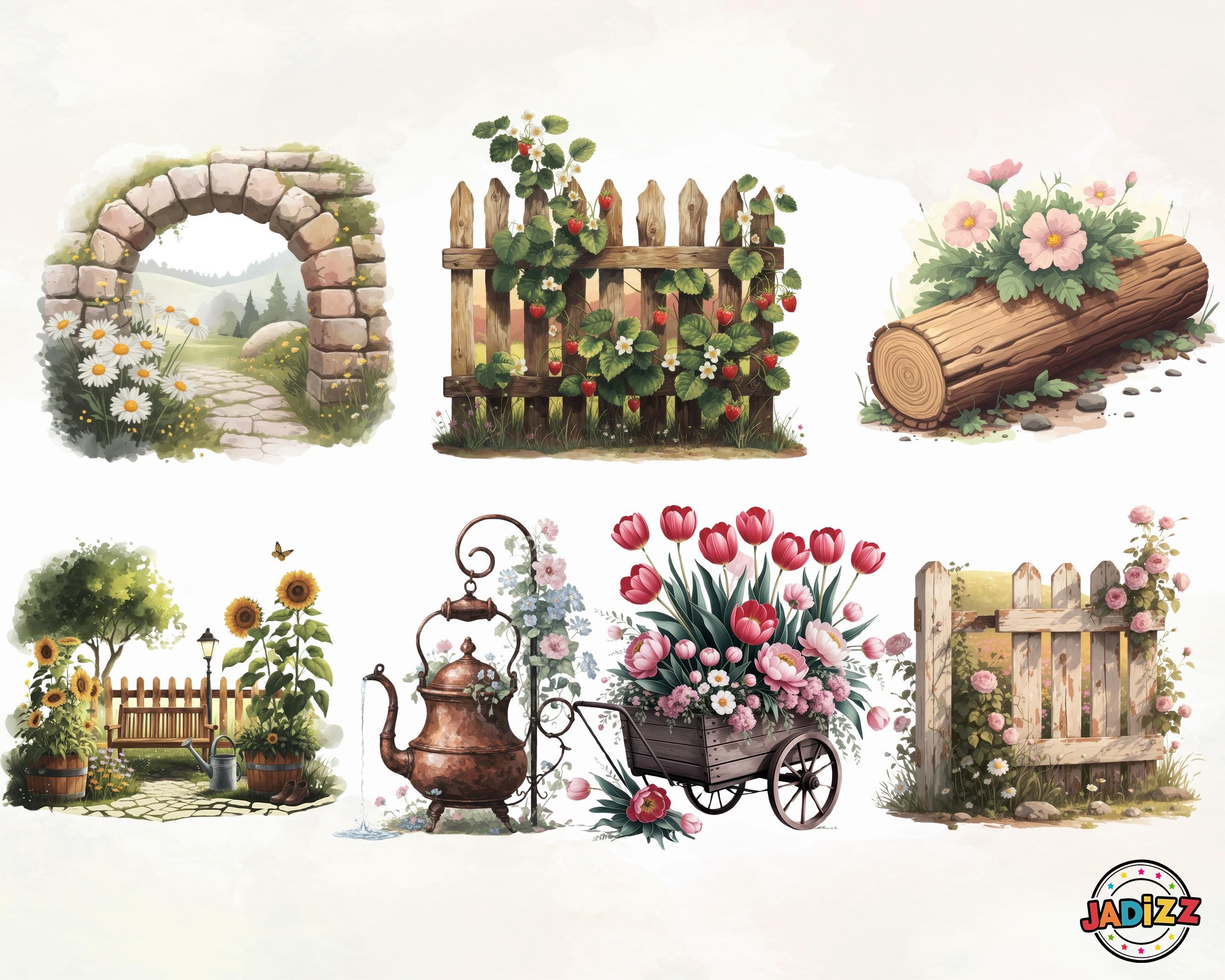 Spring Flower Garden Clipart, Watercolor Garden PNG, Vintage Floral ...