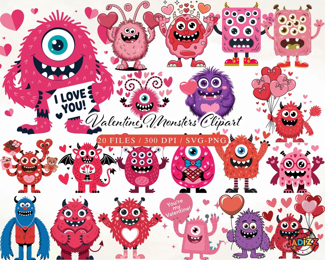 Valentine Monsters Clipart Bundle SVG PNG - Funny and Cute Designs for ...