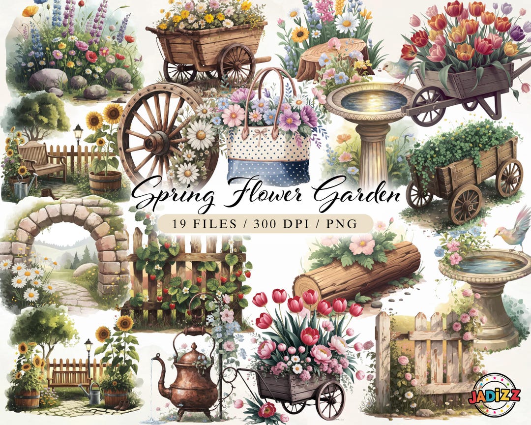 Spring Flower Garden Clipart, Watercolor Garden PNG, Vintage Floral ...