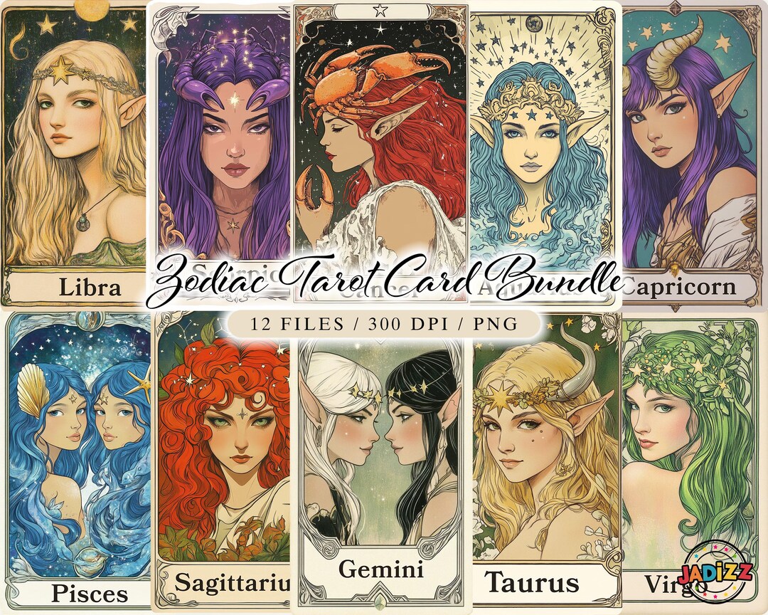 Zodiac Tarot Card Png Bundle, Celestial Star Sign Design, Digital ...