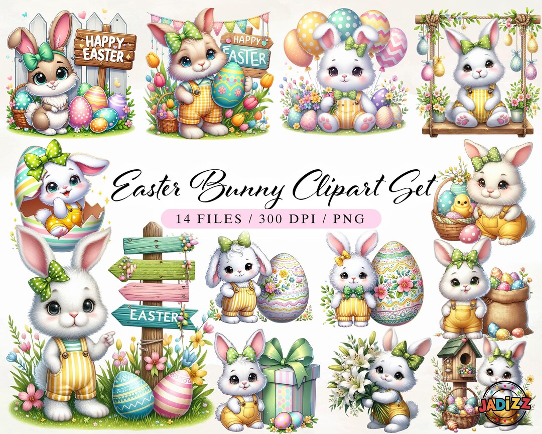 Easter Bunny Clipart Set, Green and Yellow Vibrant Easter Rabbit ...