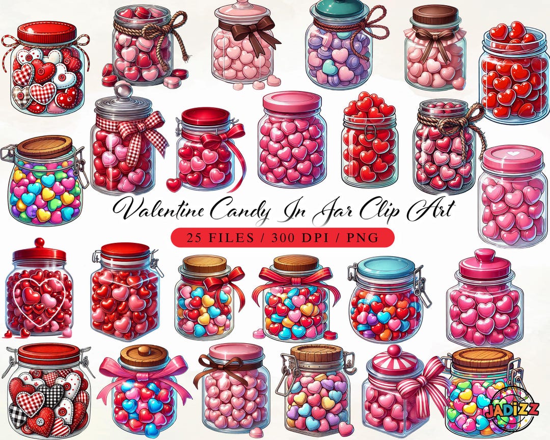 Valentine Candy in Jar Clip Art, Valentine's Day Candy Jars, Heart ...